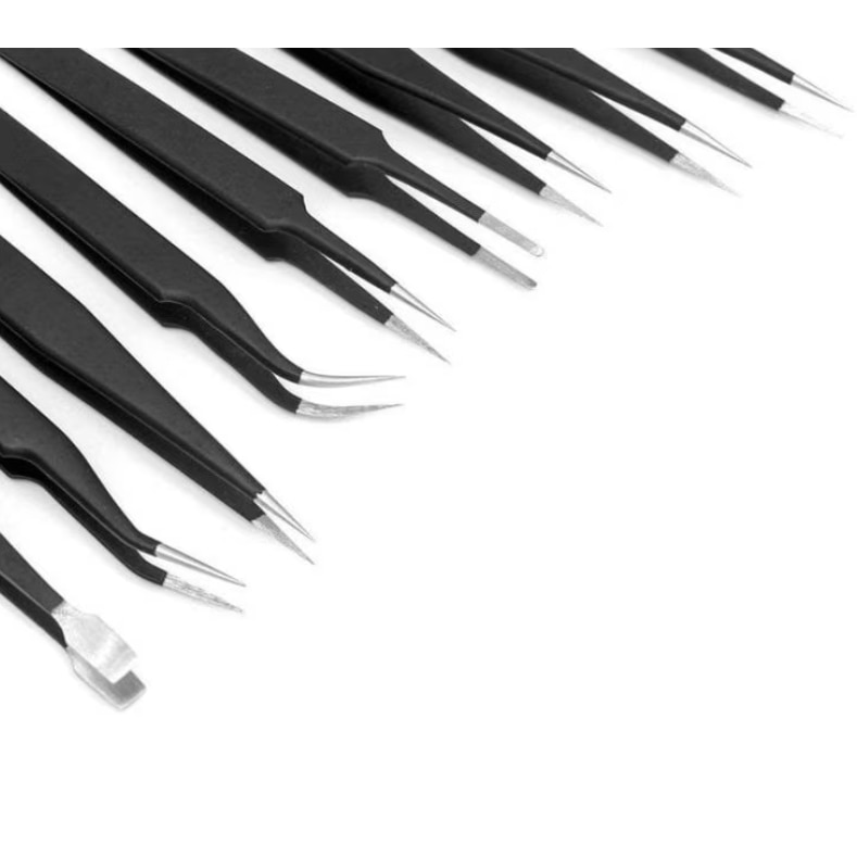 Set 10 pensete de precizie, Otel inoxidabil, Anti-statice, Negru ...
