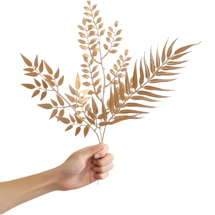 Set 3 frunze artificiale, plante decorative 40 cm, din plastic, Aurii ...