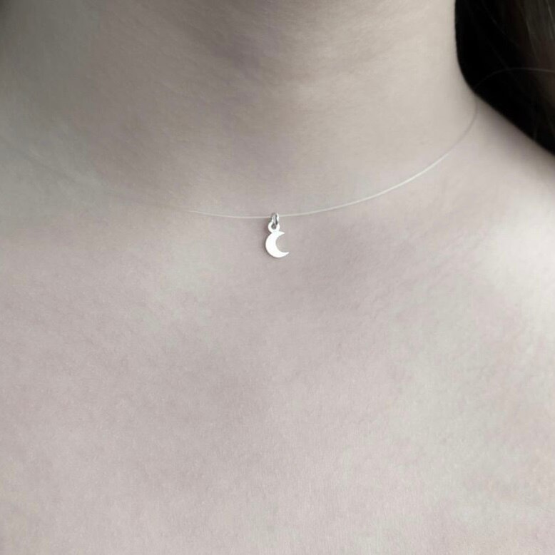 Colier fir transparent cu pandantiv Semiluna din Argint 925, reglabil ...