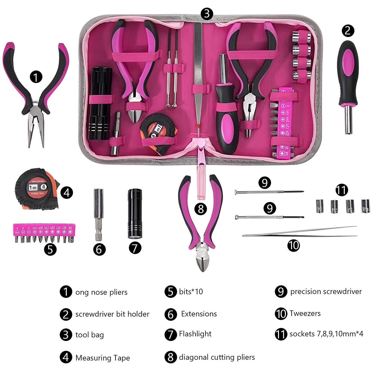 Set mini trusa scule universala, 23 de piese, cu surubelnita, ruleta ...