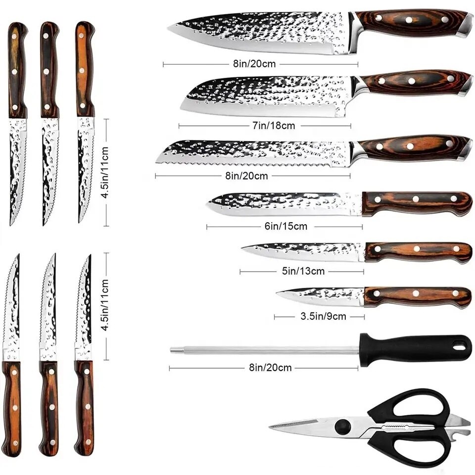 Set cutite de bucatarie din otel inoxidabil, 15 piese, cu bloc si maner ...