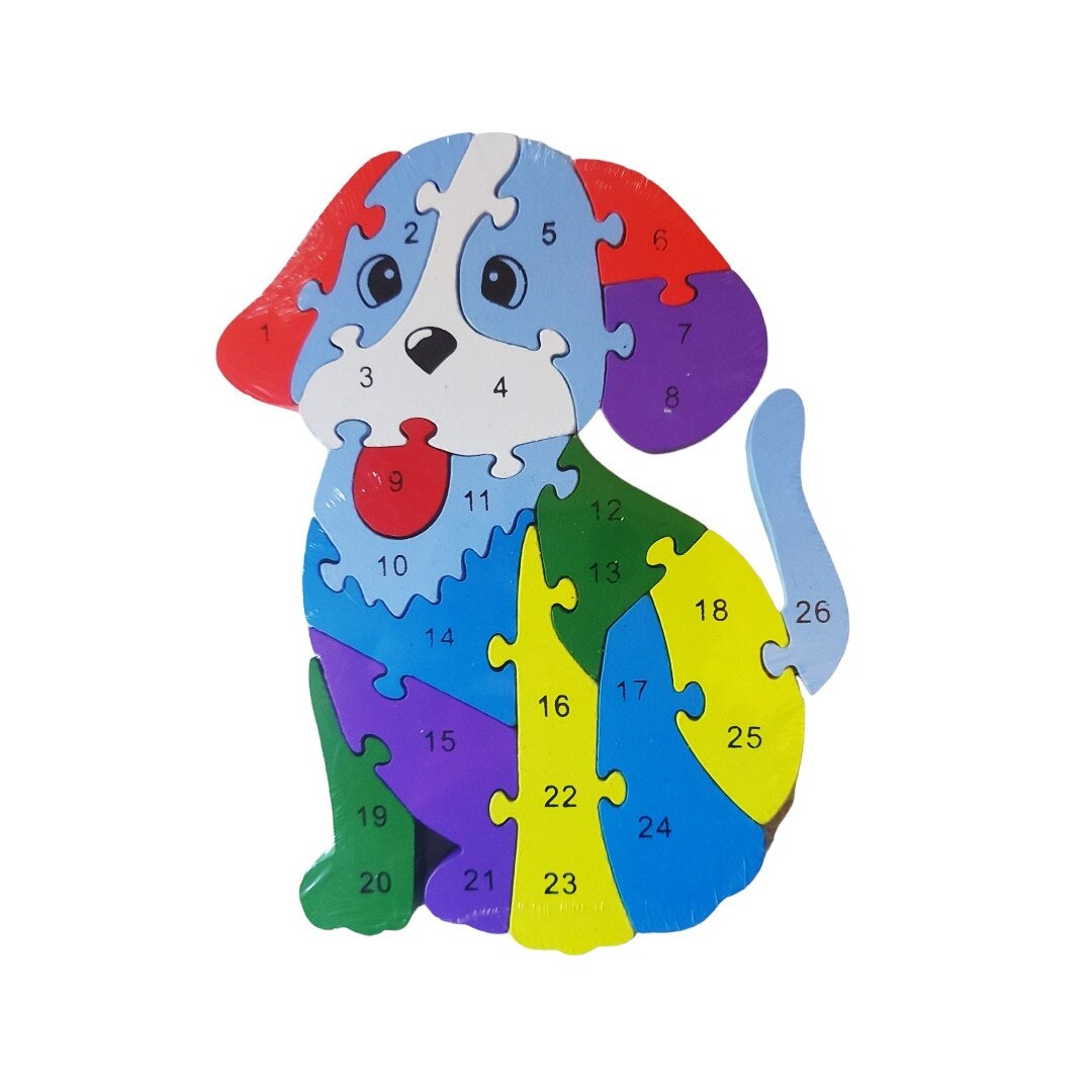 Puzzle 3D din lemn pentru copii cu Alfabet si Cifre, Catel, 26 piese ...