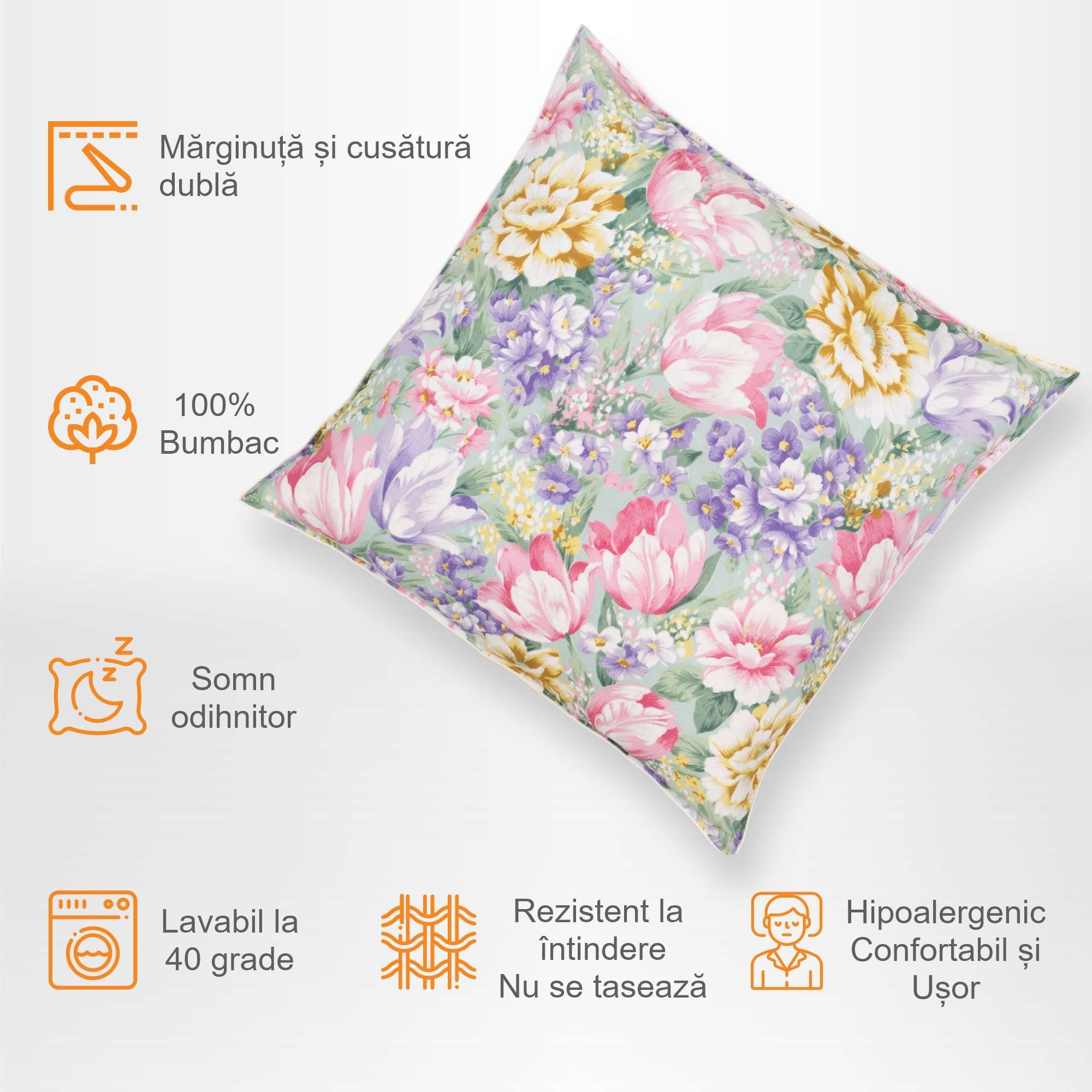 Set de 2 perne Pernador cu 15% puf de gasca si pana, 70x70 cm, Flori ...