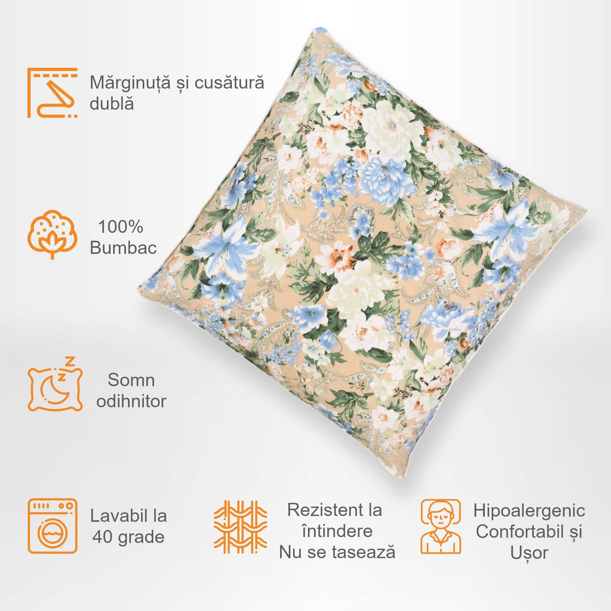 Set de 2 perne Pernador cu 15% puf de gasca si pana, 70x70 cm, Flori ...