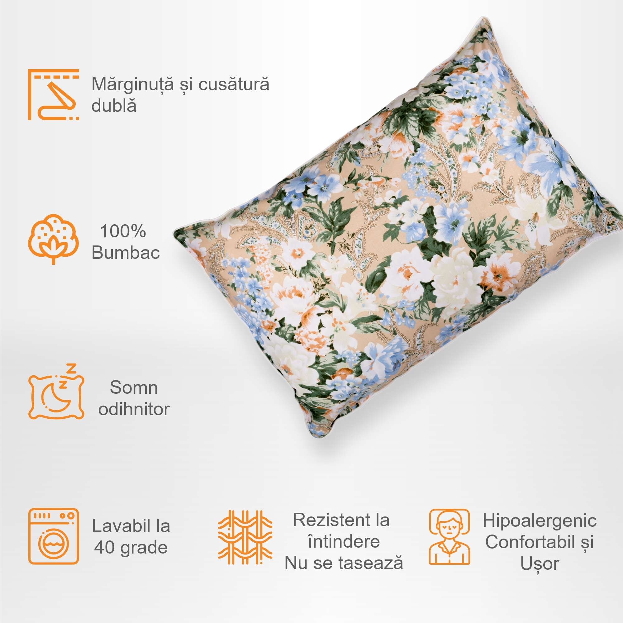 Set de 2 perne Pernador cu 15% puf de gasca si pana, 50x70 cm, Flori ...