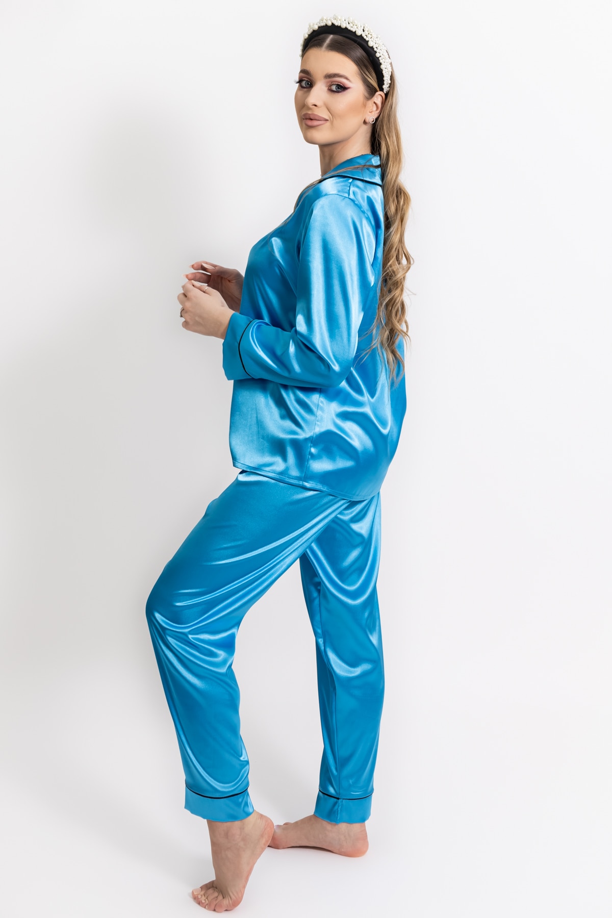 Set pijama dama din satin, 2 piese, Anemona, albastru - eMAG.ro