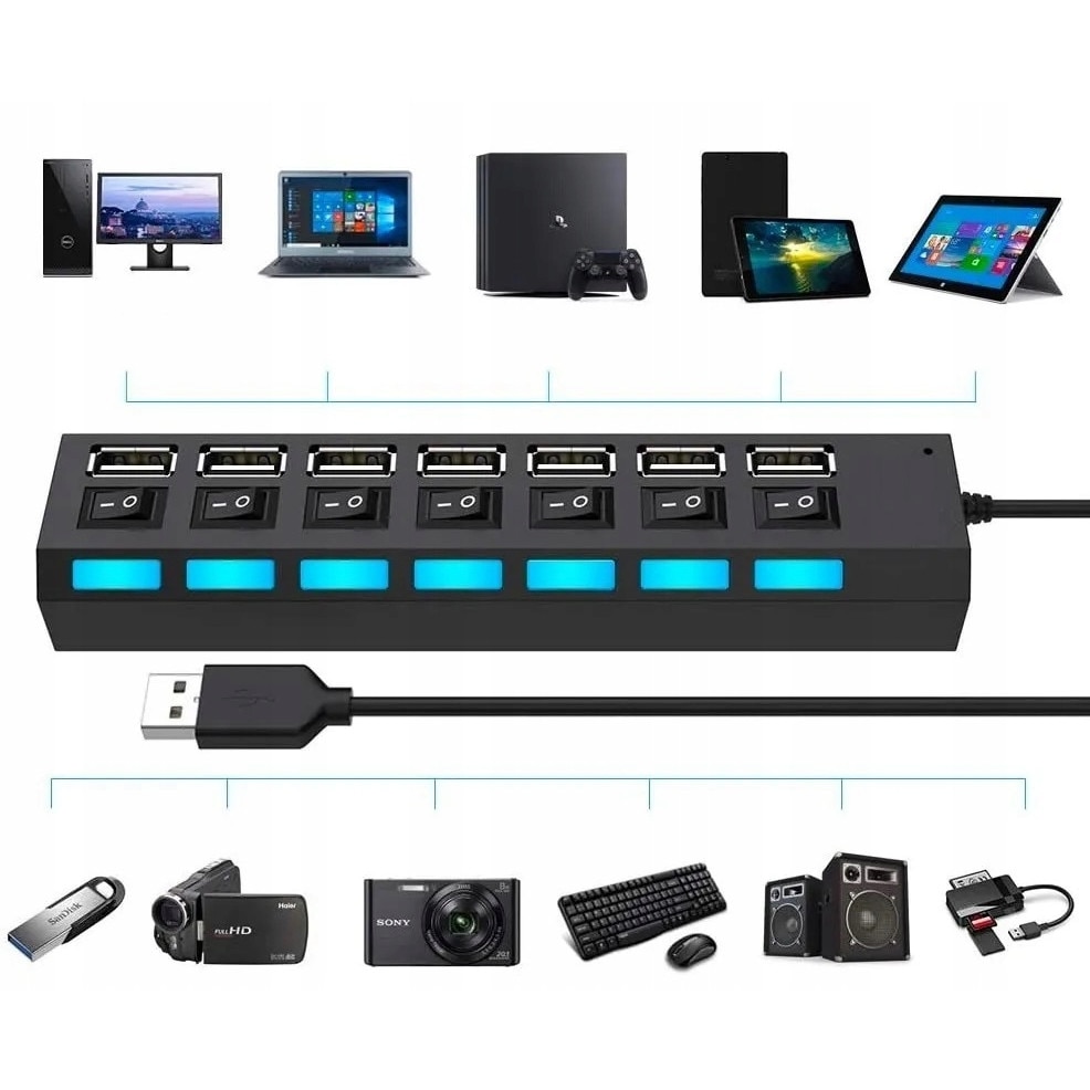 Hub Extern, 7x Porturi USB 2.0, Conectare Prin USB 2.0, Butoane ...
