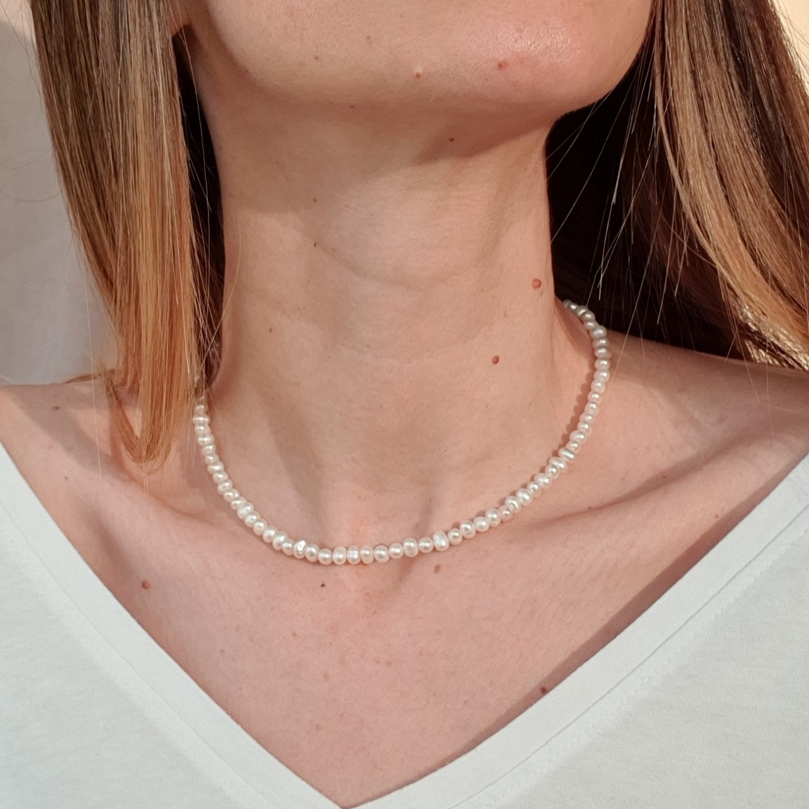 Colier din perle de cultura albe de 4x5 mm cu accesorii din argint ...