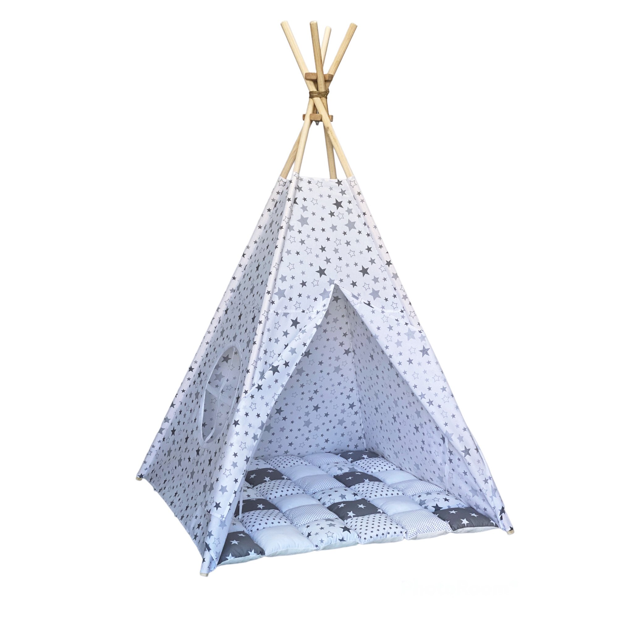 Cort de joaca teepee White Stars cu saltea inclusa, Inaltime 165cm ...