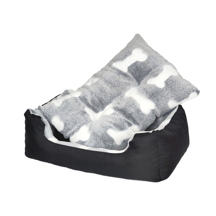 Culcus pentru caini si pisici Grey Bones, 70x90 cm, cu perna detasabila ...