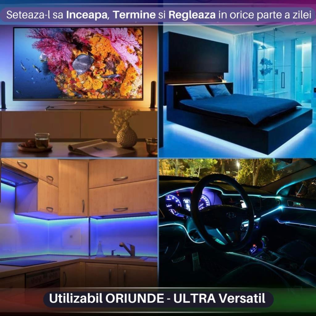 Banda LED 5050 RGB, 10metri, 2X5m, Interior, leduri, Adeziva, Wi-Fi ...