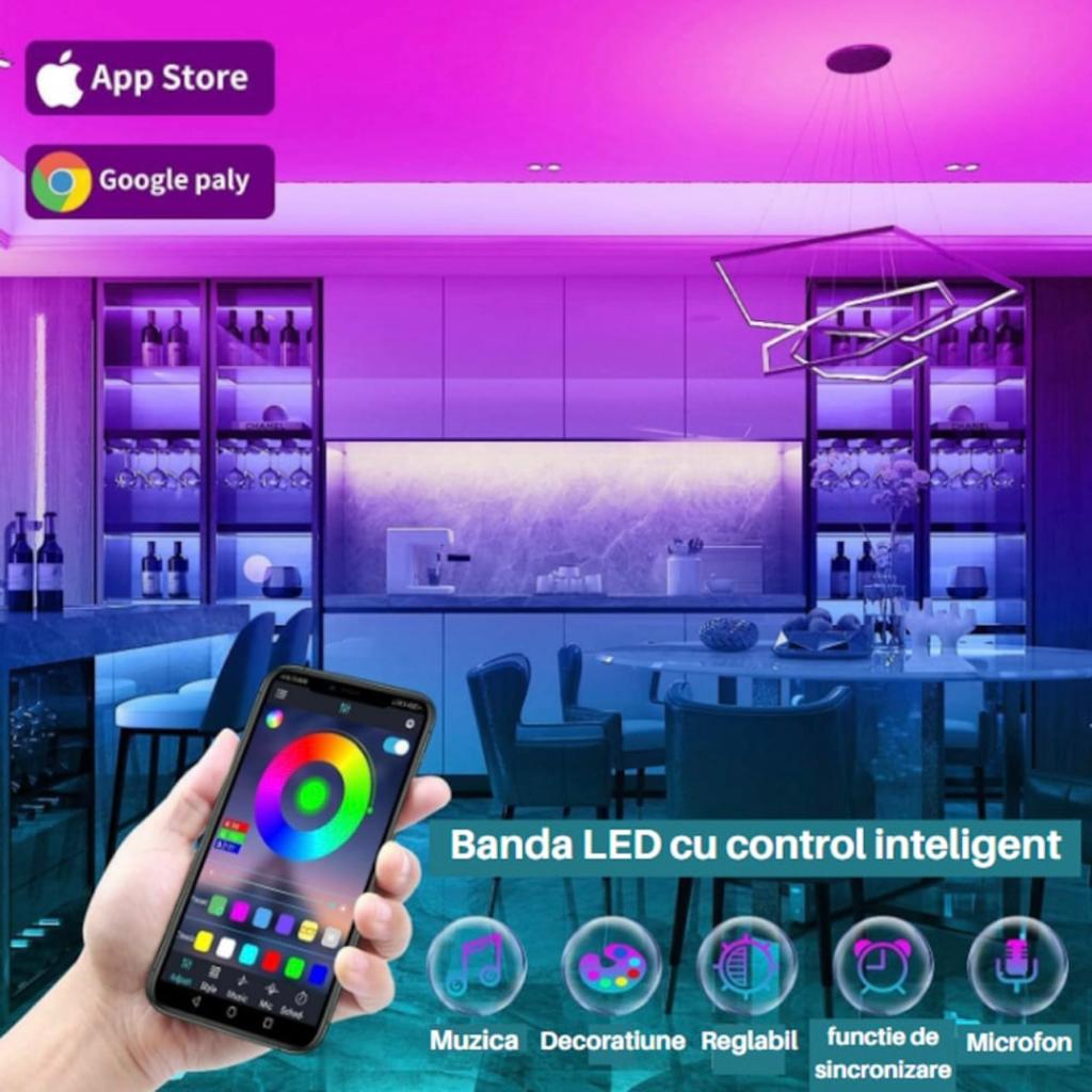 Banda LED 5050 RGB, 10metri, 2X5m, Interior, leduri, Adeziva, Wi-Fi ...