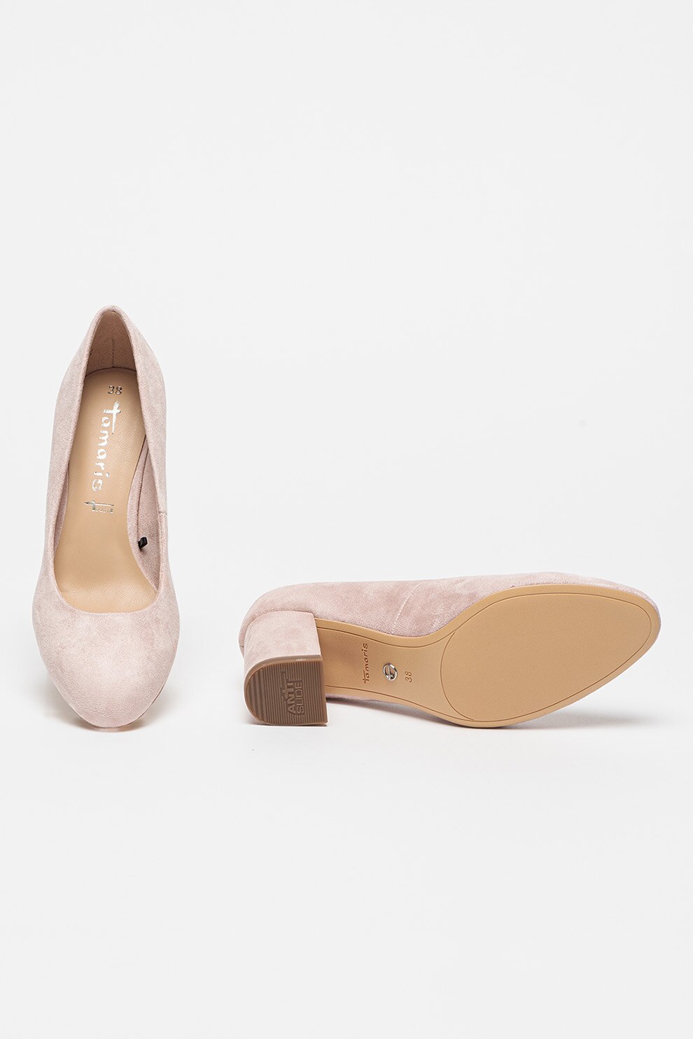 Tamaris, Pantofi din piele intoarsa ecologica cu toc masiv, Roz, 37 ...