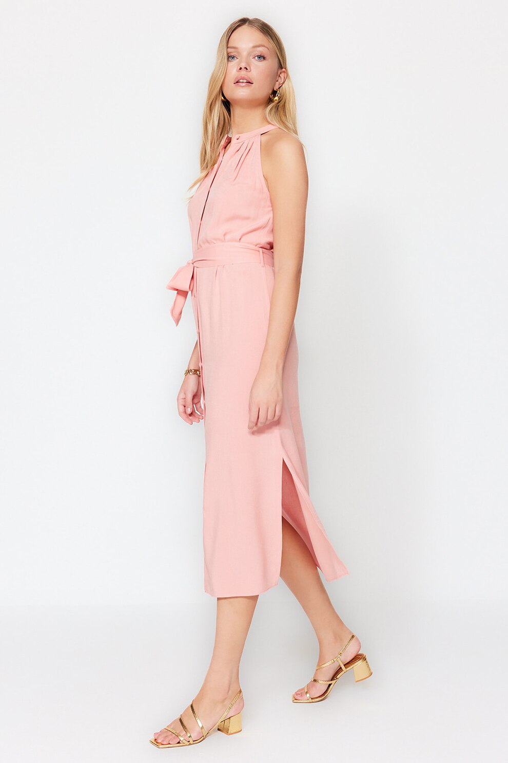 Trendyol, Rochie midi cu prindere cu cordon, Roz pal, 36 - eMAG.ro