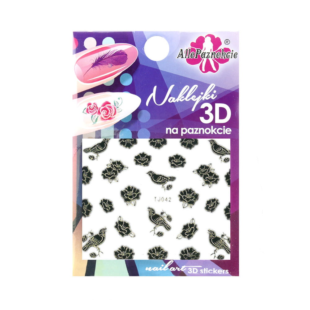 Autocolante 3D pentru unghii, Allepaznokcie, Model cu flori, Negru ...