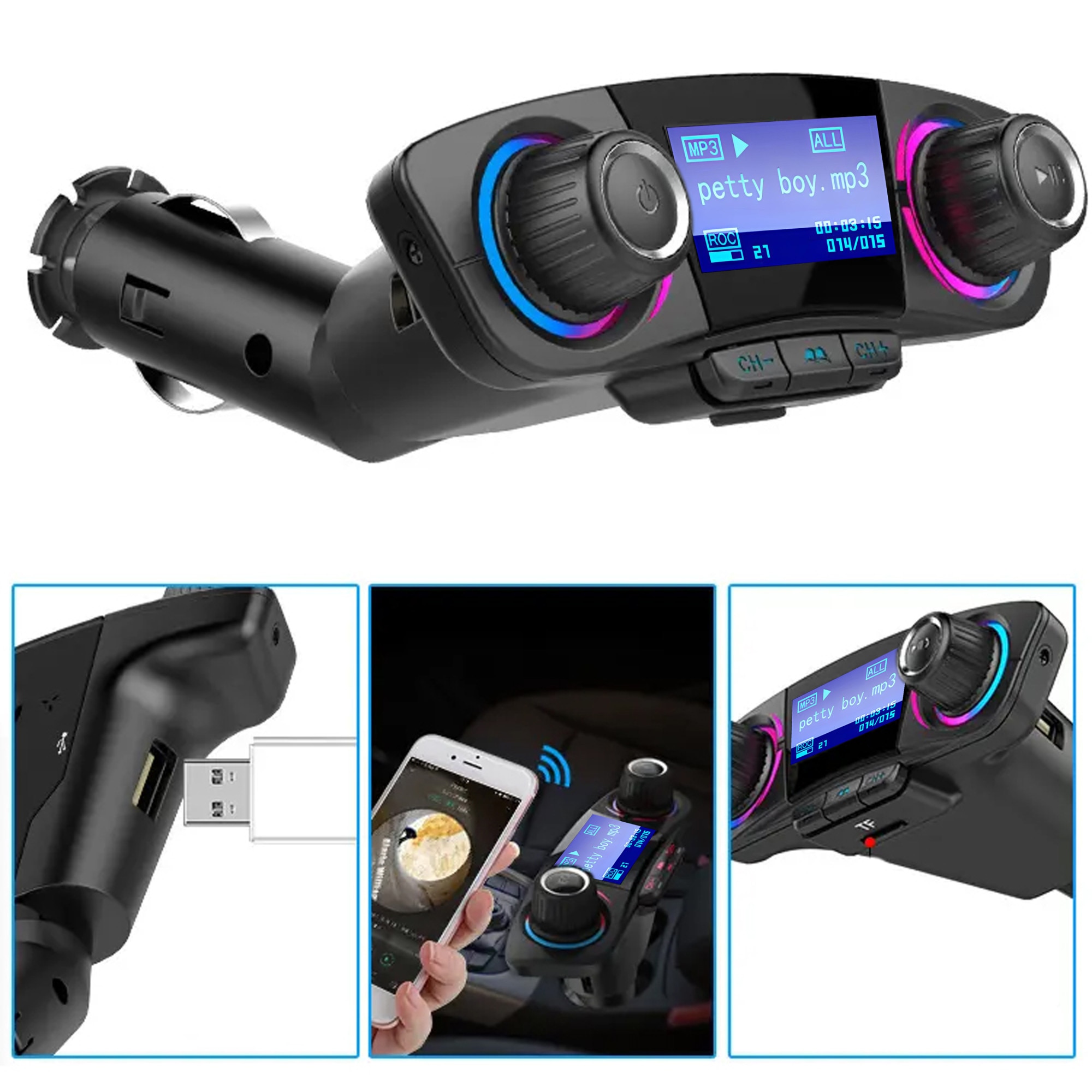 Modulator FM Bluetooth 5.0 EDR A2DP, AUX, microSD, 2xUSB, QuickCharge ...