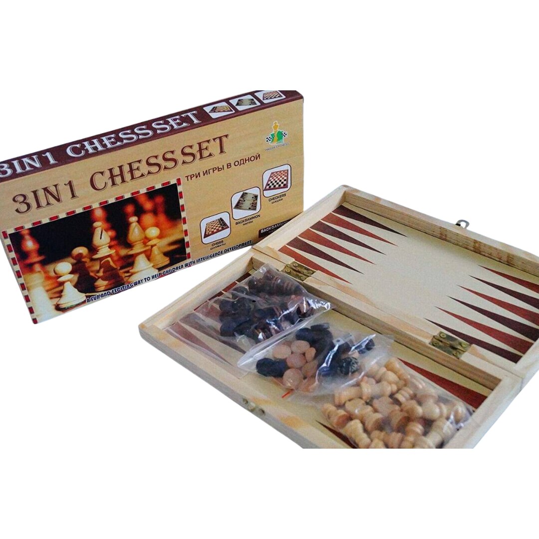 Joc de societate 3 in 1, sah, table si dame, 25 x 25 cm, fabricat din ...