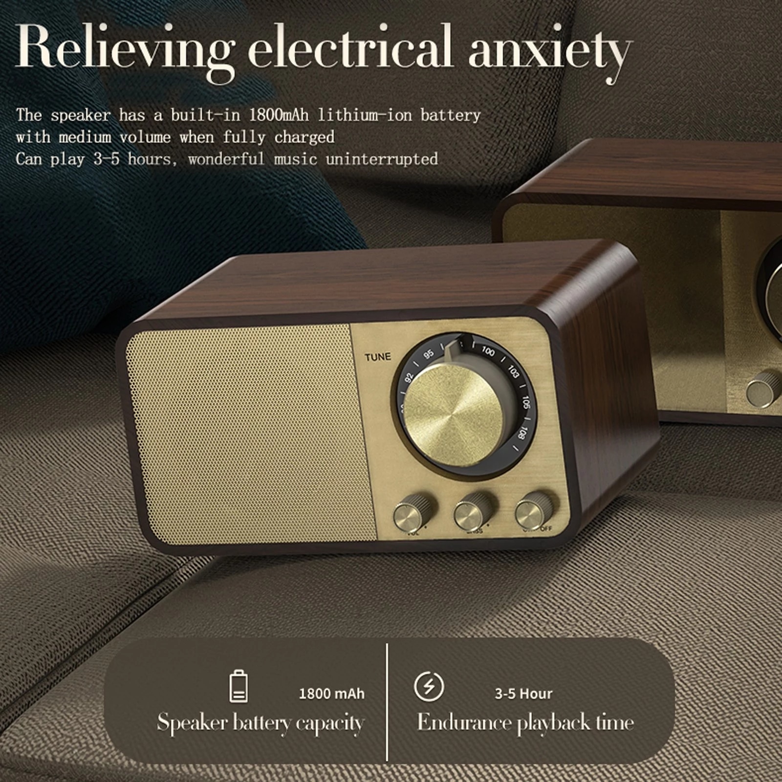Radio portabil retro, Walalla, Lemn, Bluetooth 5.0, 1800 mA, Maro/Auriu ...