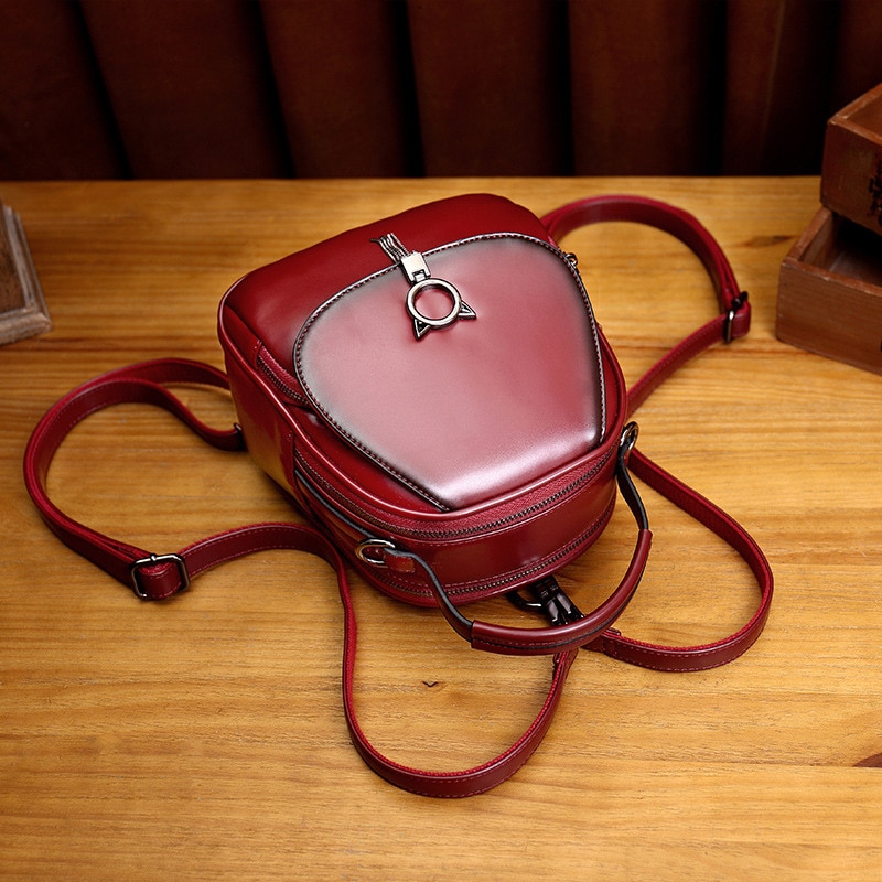 Rucsac dama din piele naturala, 3 moduri de purtare, 21 x 20 cm, rosu ...