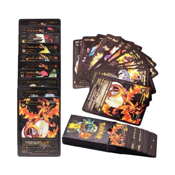 Pachet carti de joc Pokemon, 55 carti, VMax, Hologram, Black The Twin ...