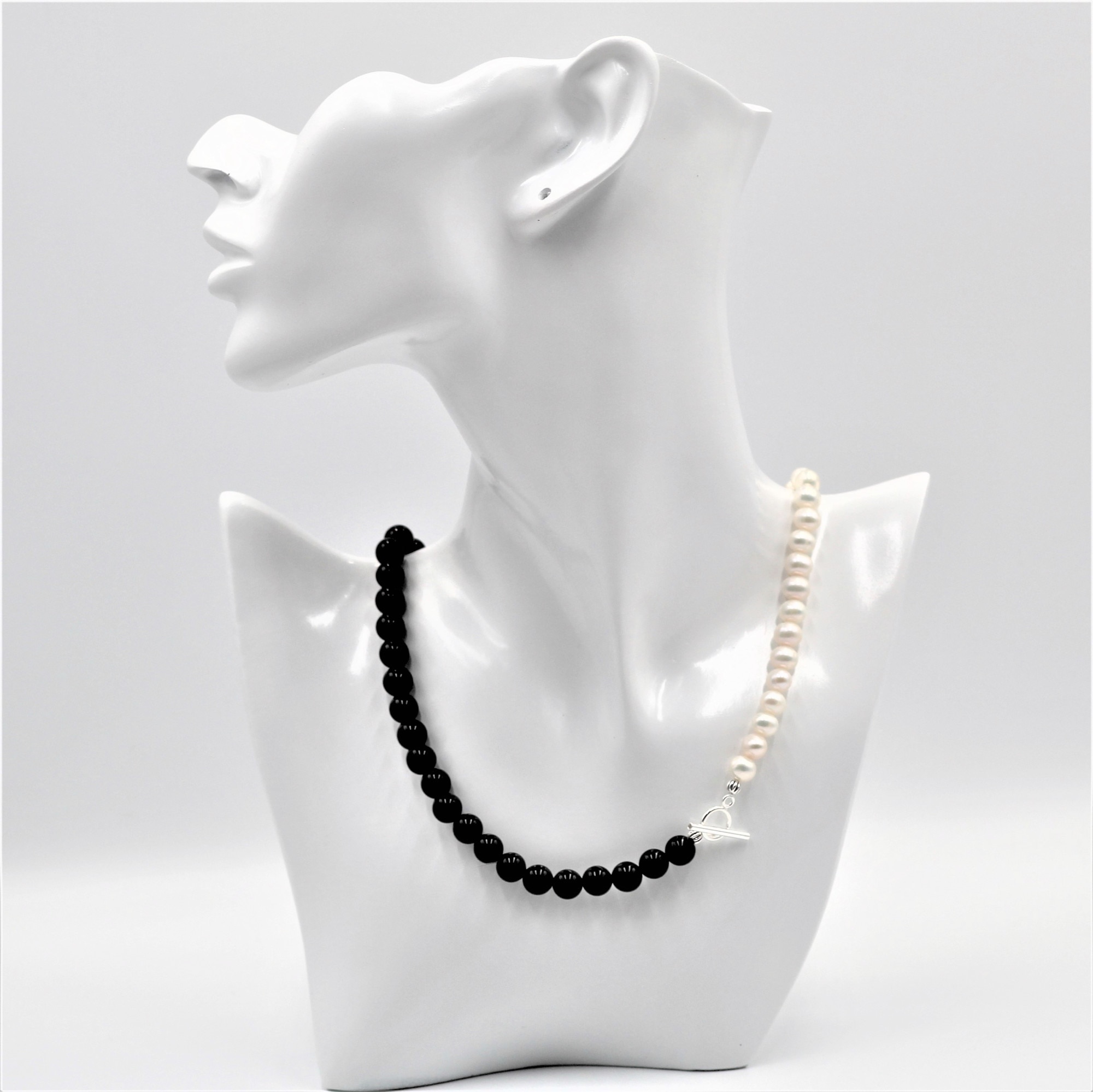 Colier perle naturale, pietre semipretioase onix, argint 925, 46 cm ...