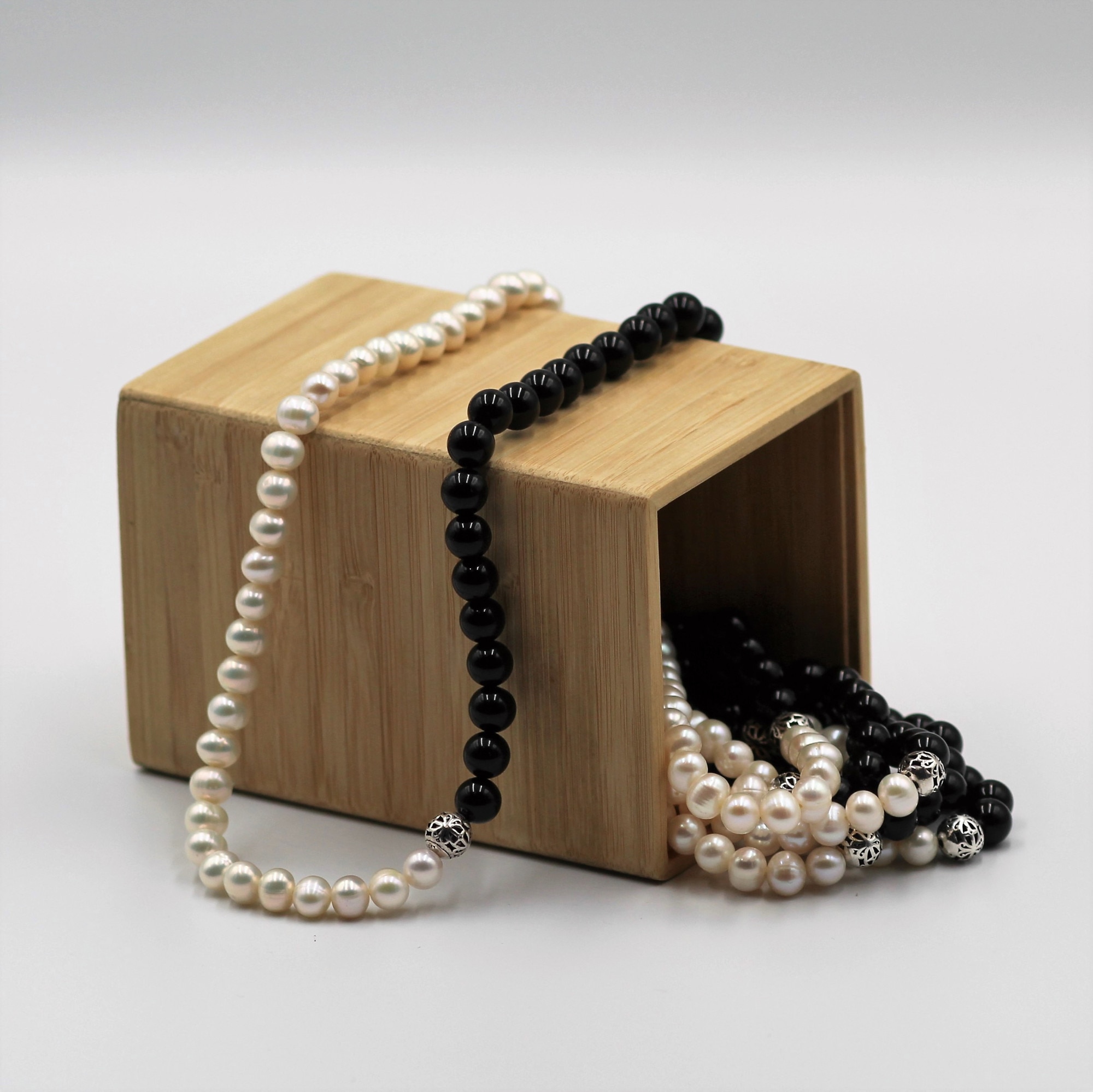 Colier perle naturale, pietre semipretioase onix, argint 925, 46 cm ...