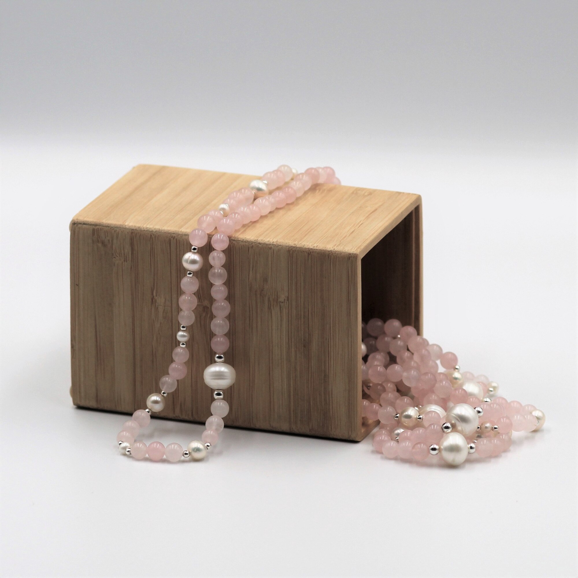 Colier pietre semipretioase cuart roz, perle naturale, argint 925, 46 ...