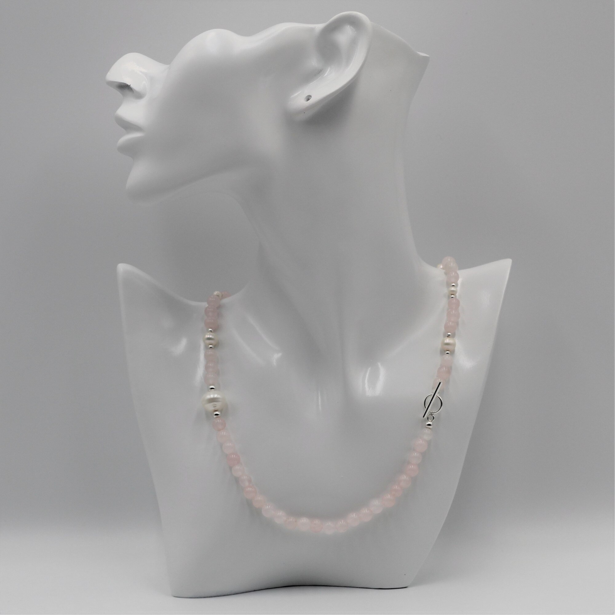 Colier pietre semipretioase cuart roz, perle naturale, argint 925, 46 ...