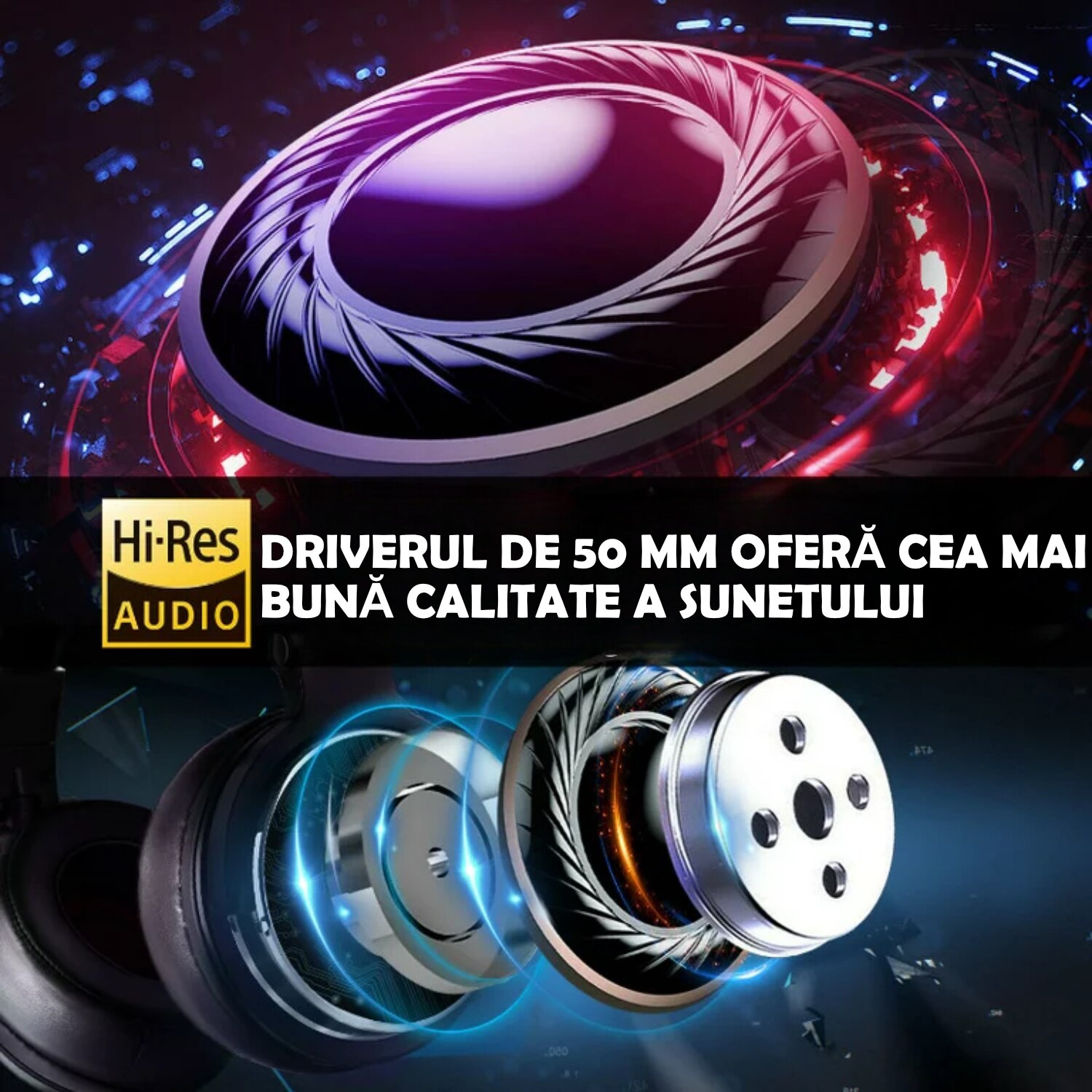 Casti audio, Solutter, Over-Ear cu fir, mufa Jack 3.5 mm, Studio HiFi ...