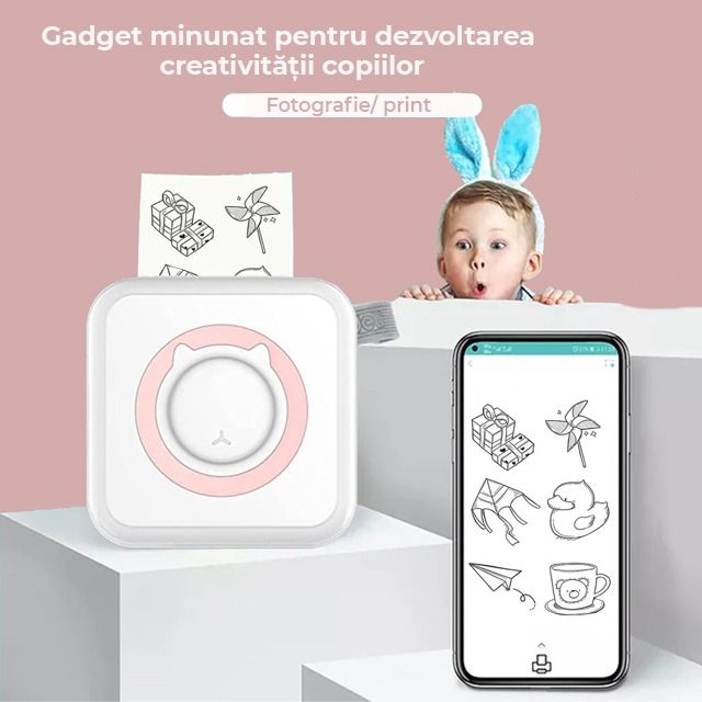 Set Mini imprimanta termica si 10 role hartie 57 x 25mm, Bluetooth ...