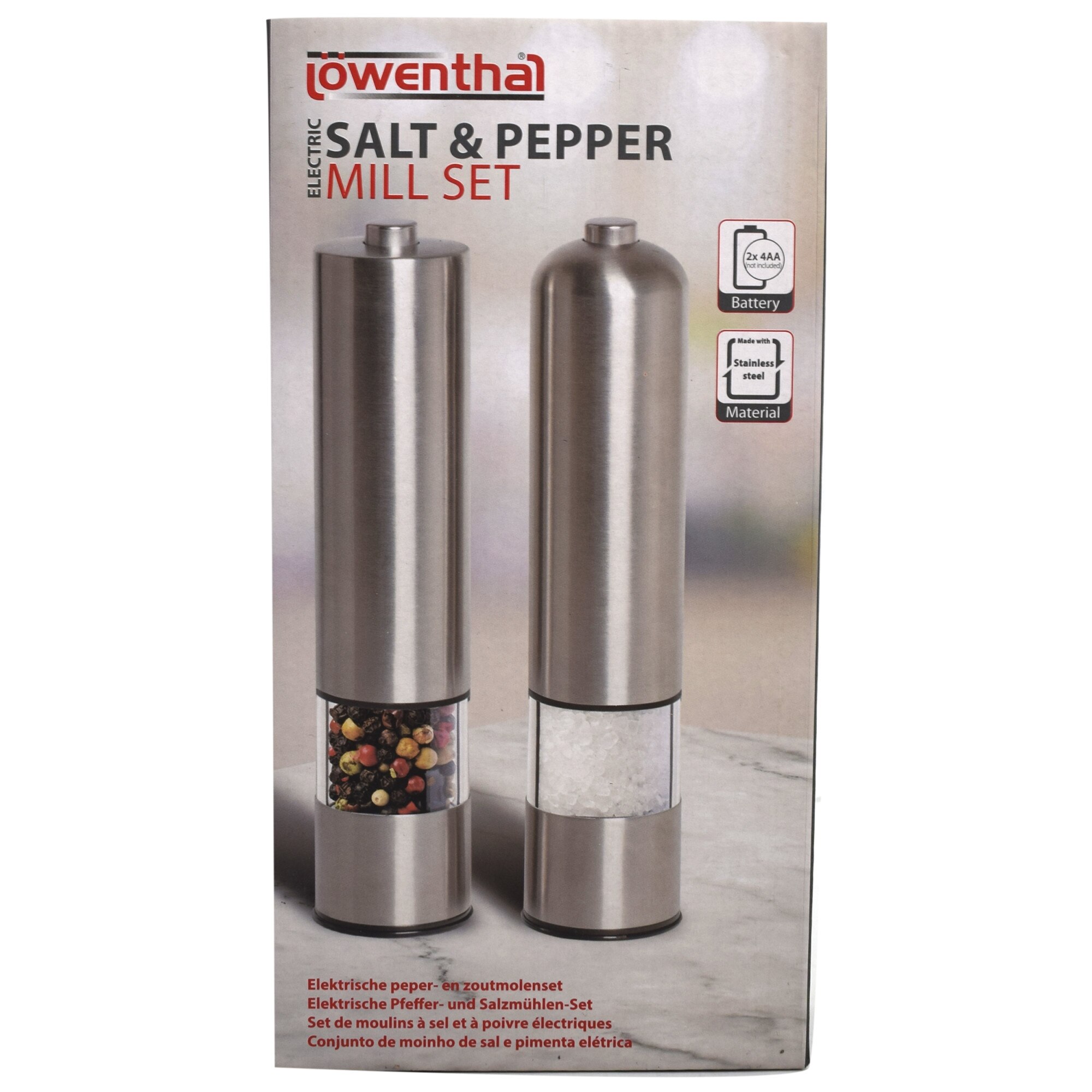 Set 2 rasnite electrice Lowenthal, din inox, cu baterii pentru sare si ...