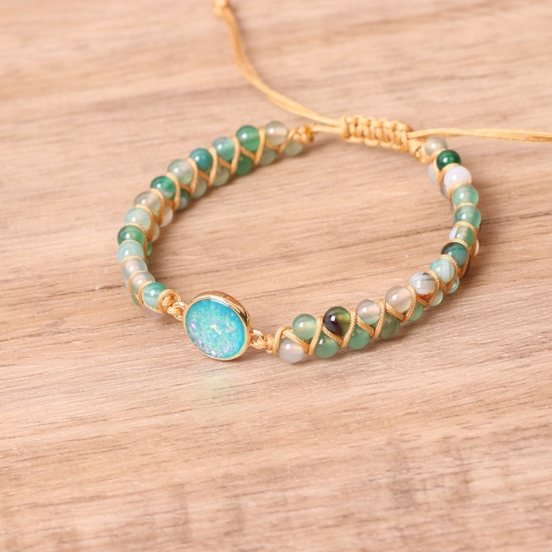 Bratara Energetica Handmade, AEWOYAD, Reglabila, Piatra Naturala, Verde ...