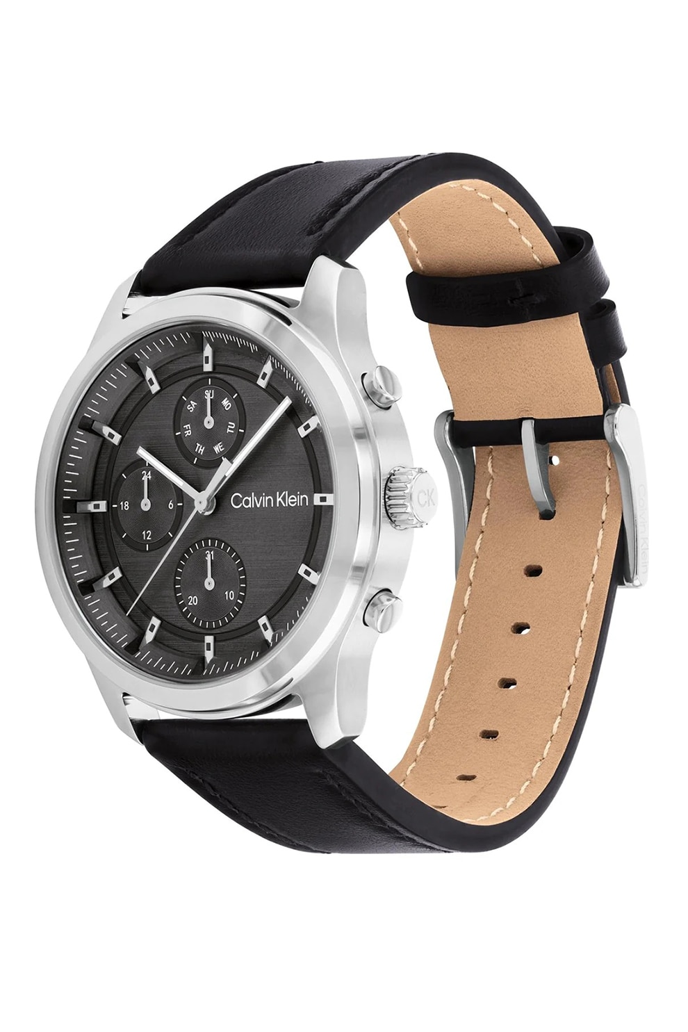 CALVIN KLEIN, Мултифункционален часовник с кожена каишка, Сребрист ...