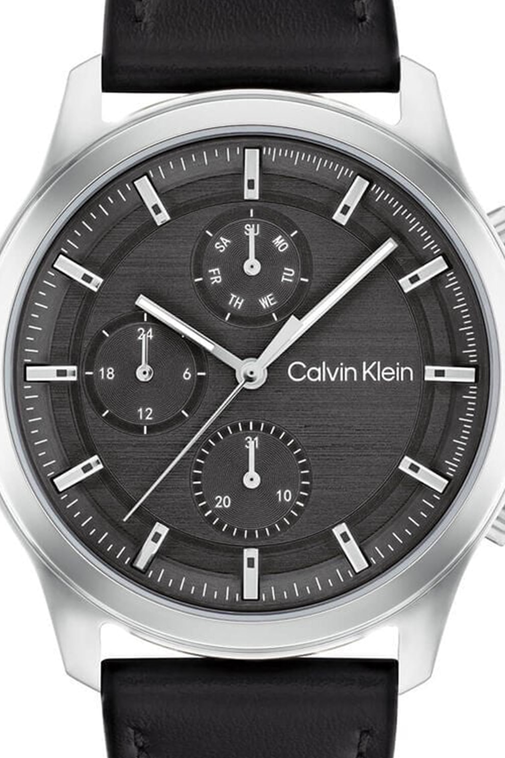 CALVIN KLEIN, Мултифункционален часовник с кожена каишка, Сребрист ...