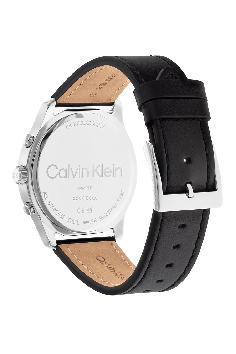 CALVIN KLEIN, Мултифункционален часовник с кожена каишка, Сребрист ...