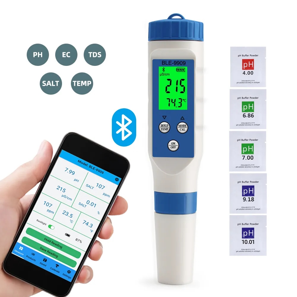 Tester profesional de masurat calitate apa 5 in 1, PH, EC, TDS ...