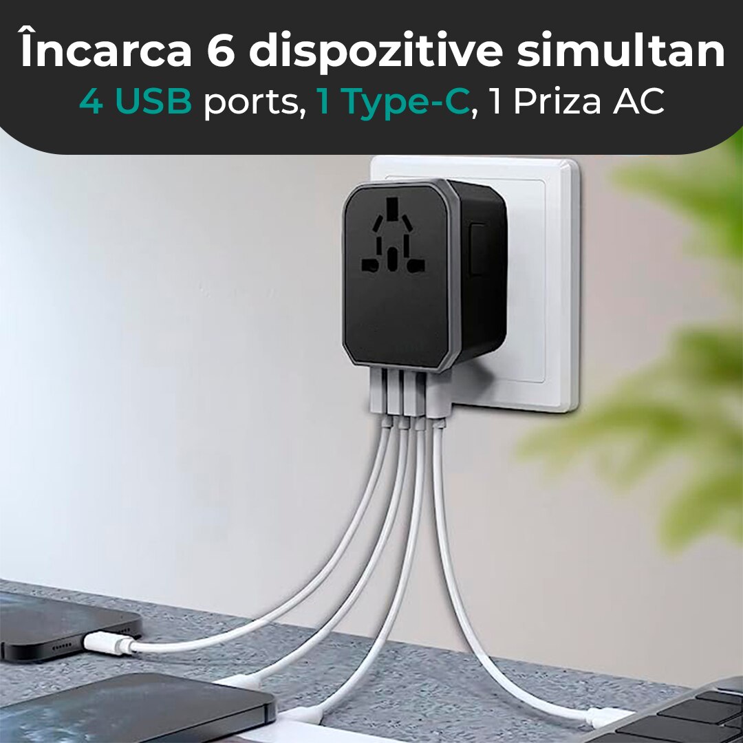 Adaptor incarcator universal priza de calatorie, 4 x USB, 1 x Type-C ...