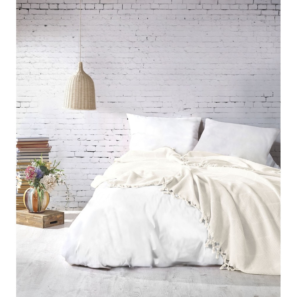 Pled cu ciucuri din bumbac 100%, 220x240 cm, Saheser, Mona Crem - eMAG.ro