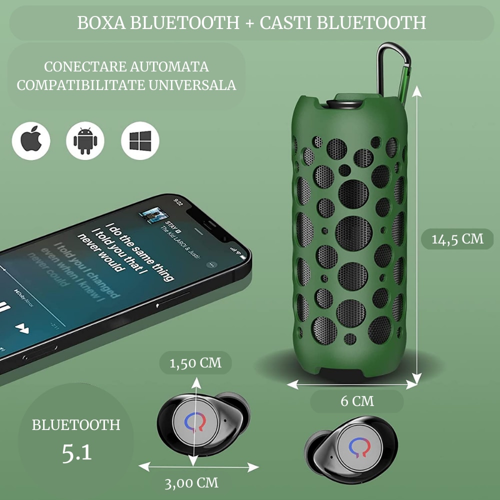 Boxa portabila wireless ZEEVOS cu casti bluetooth incorporate, stereo ...