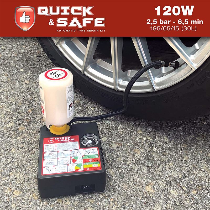 Compresor aer 12V 120w, cu spuma, kit reparat roata Quick&Safe RP10002 ...