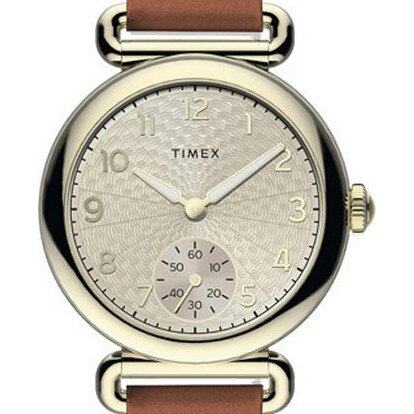 Ceas dama Model 23, Timex, Otel/Piele ecologica, 33 mm, Auriu/Maro ...