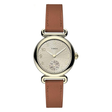 Ceas dama Model 23, Timex, Otel/Piele ecologica, 33 mm, Auriu/Maro ...