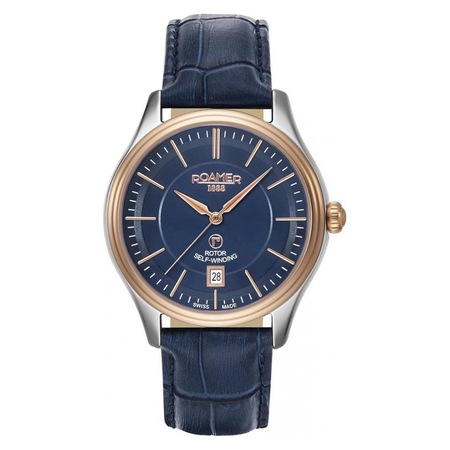 Ceas barbatesc Rotoower, Roamer, Inox/Piele ecologica, 41 mm, Bleumarin ...