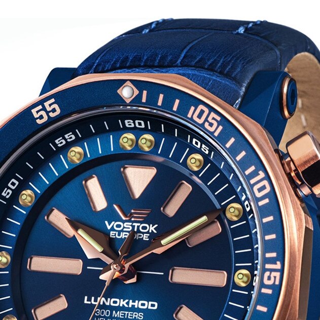 Ceas barbatesc, Vostok Europe, Inox/Piele naturala, Albastru/Auriu ...