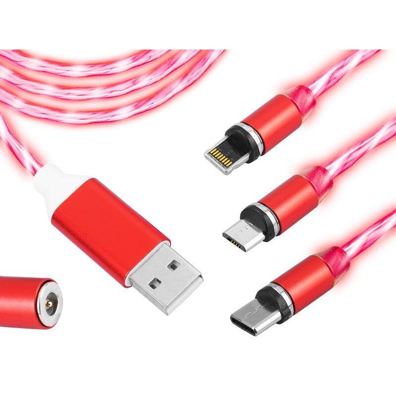 Cablu USB magnetic 3 in1, KK21W, LED de fundal, Rosu - eMAG.ro