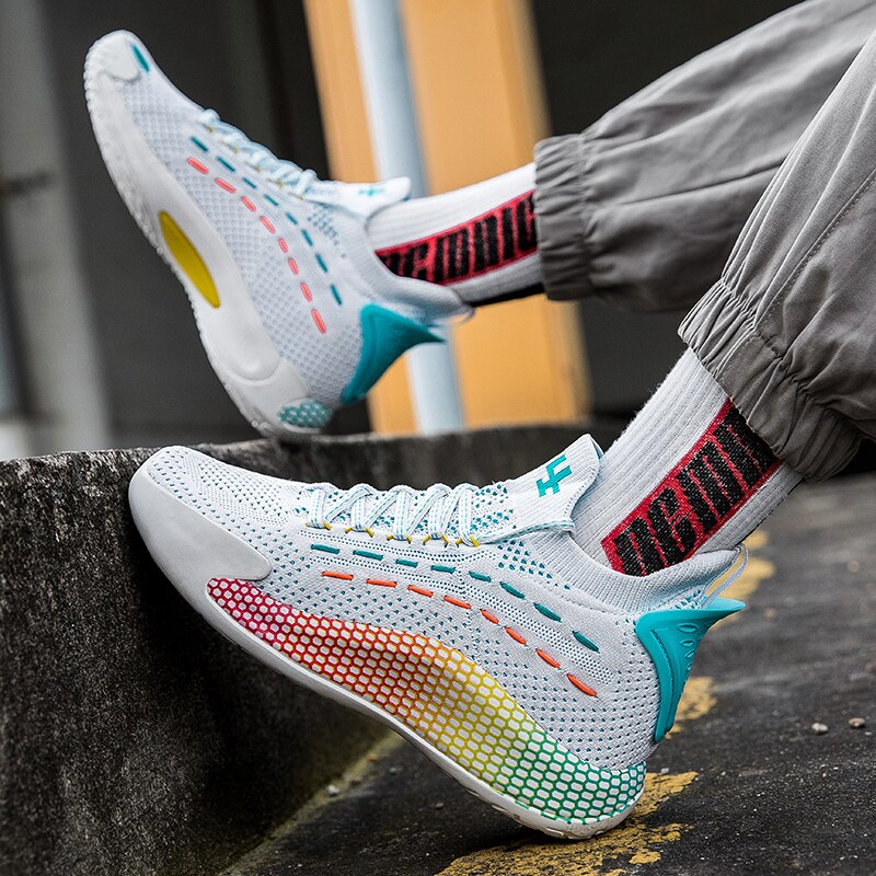 Pantofi sport baschet HI Tops MBrands, alb multicolor, material textil ...