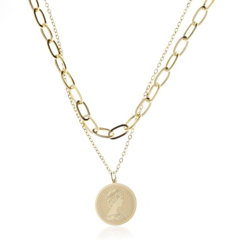 Colier dublu dama, Inox, Cu banut, Auriu - eMAG.ro