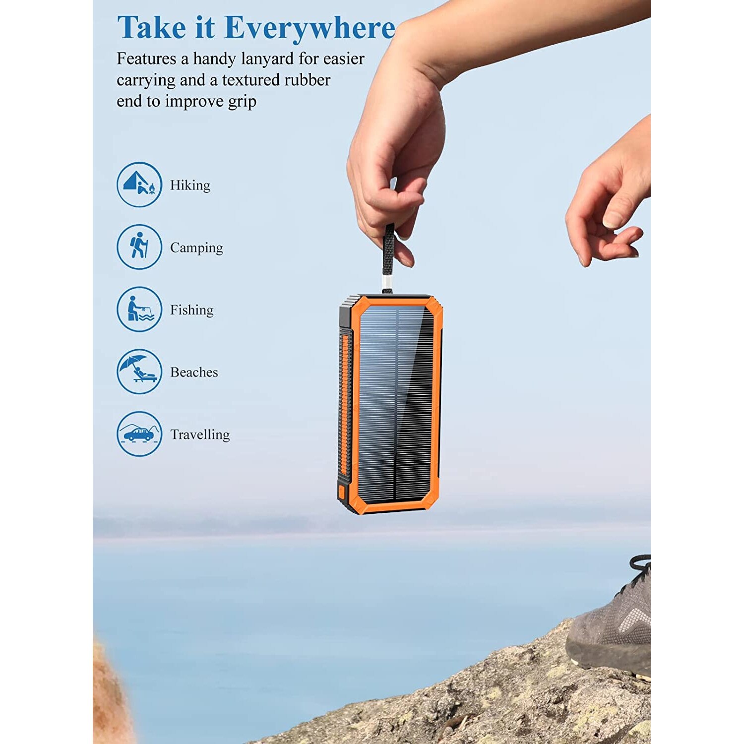 Baterie solara, 20000 mAh, 18W, 4 iesiri, 2 intrari, iluminat cu LED ...