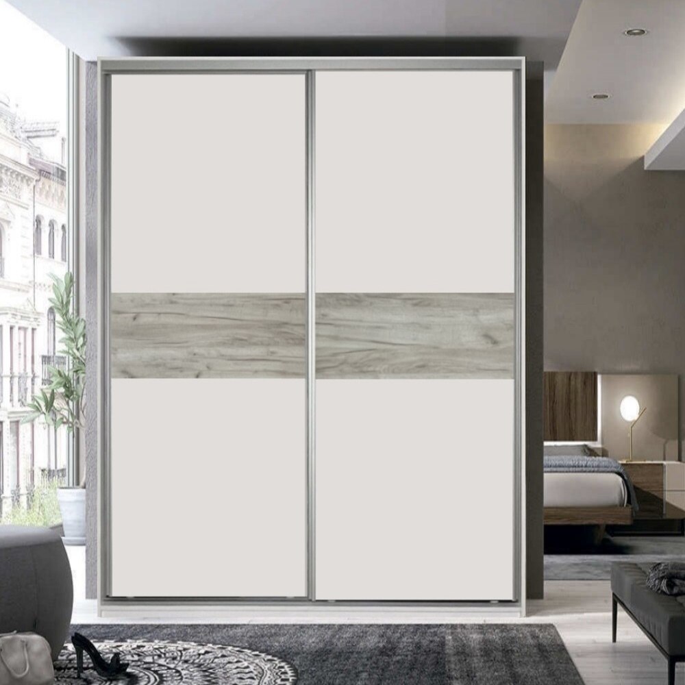 Dressing cu usi glisante, Alb/Stejar Gri, H200 x L140 x A60 cm, PAL 18 ...