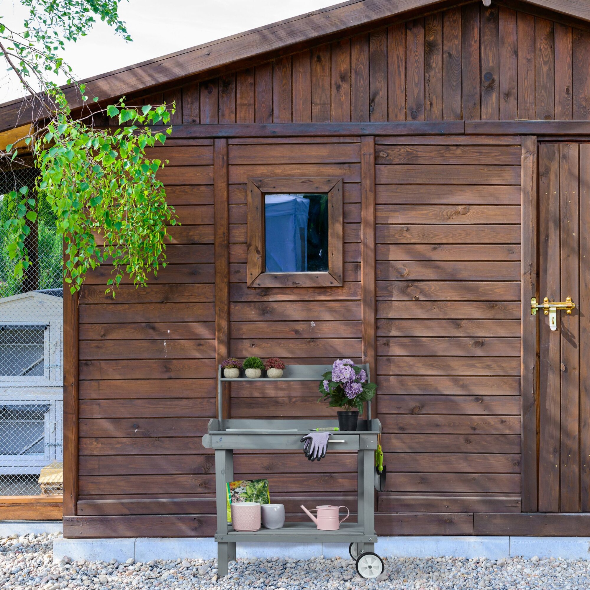 Masa cu roti pentru gradinarit, Relaxdays, dimensiuni 120 x 97 x 49 cm ...